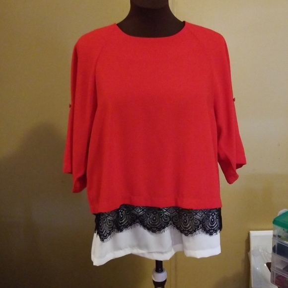 Joy Joy | Tops | Red Top With White Undershit And Lace | Poshmark